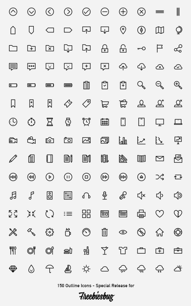 150 outlined icons - PSD AI SVG Webfont - Freebiesbug