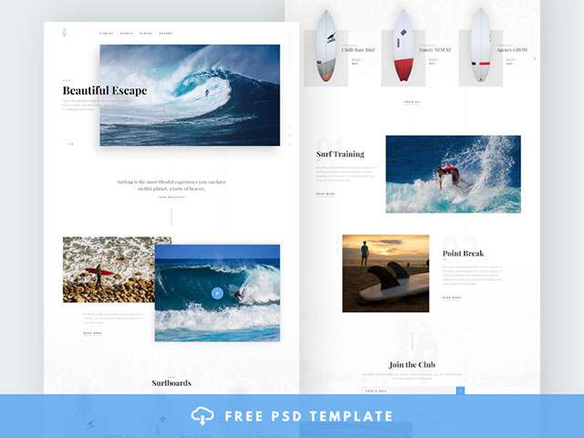 Blog and e-commerce PSD template for surfers - Freebiesbug