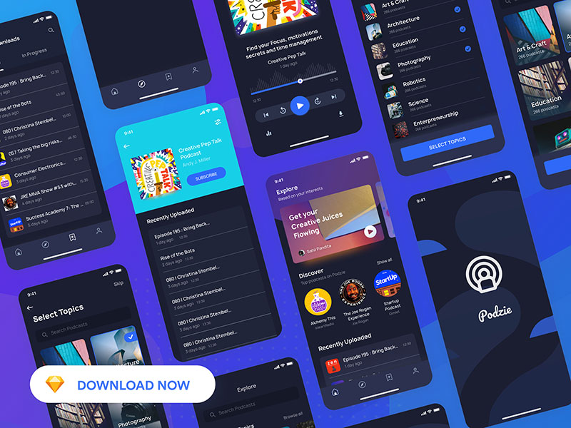 Podzie: UI kit for podcast app - Freebiesbug