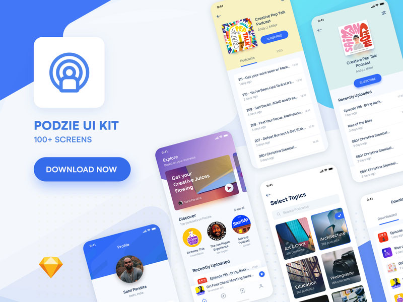 Podzie: UI kit for podcast app - Freebiesbug