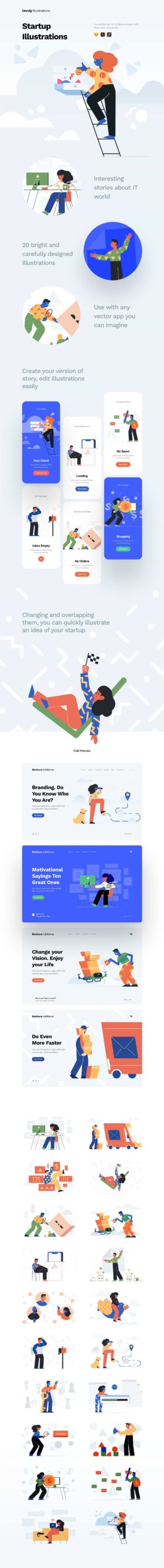 Unruly: 20 vector illustrations for your landing page - Freebiesbug
