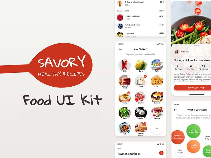 Savory: Free UI kit for food apps - Freebiesbug