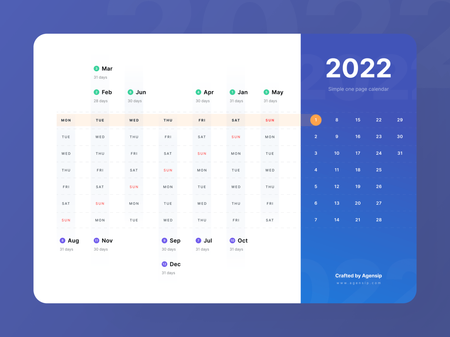 One Page Calendar UI for 2022 - Freebiesbug
