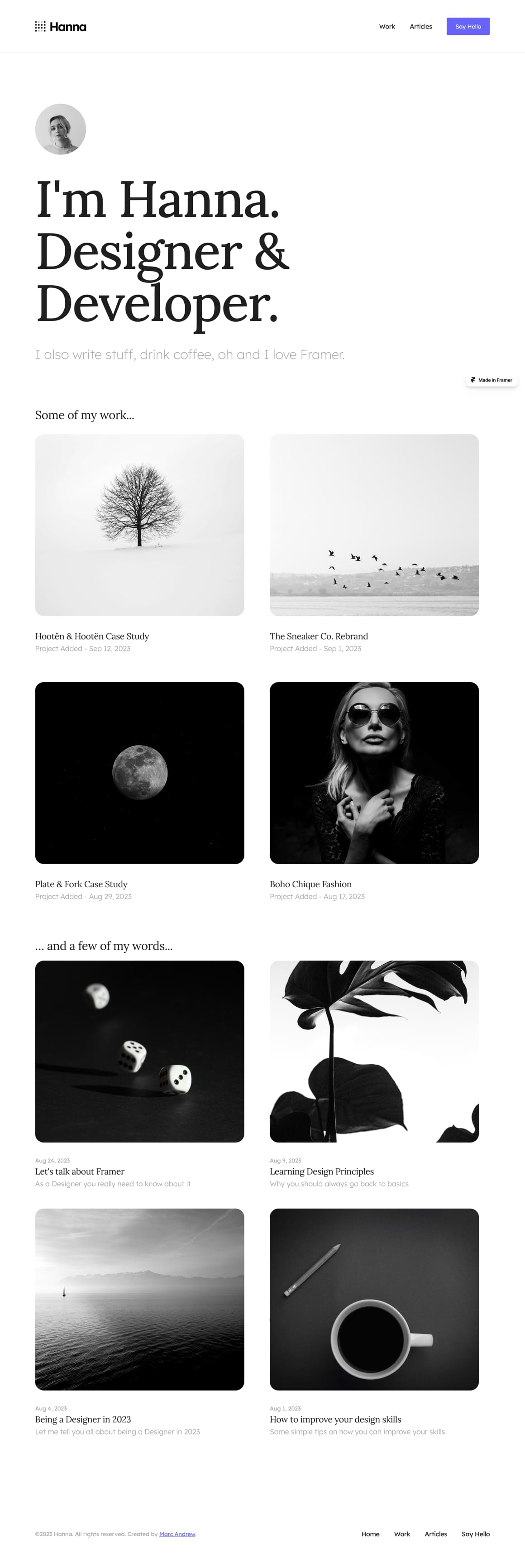 Hanna: Free Portfolio Template for Framer - Freebiesbug
